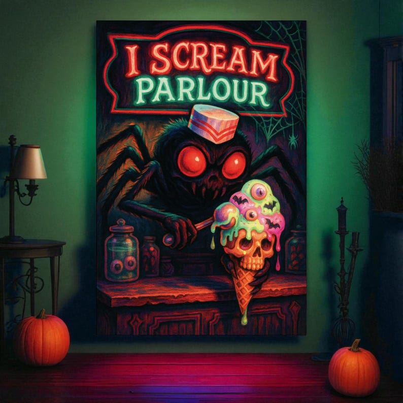 Creepy Spider Horror Poster, Ice Cream Skull Art Print, Retro Halloween ...