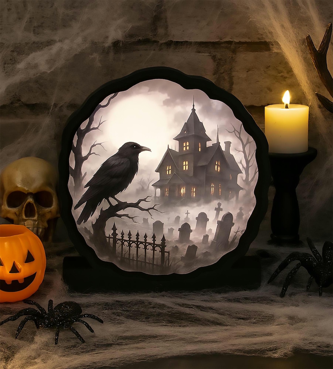 Raven & Haunted Castle Light: Spooky Halloween Gothic Decor - Etsy