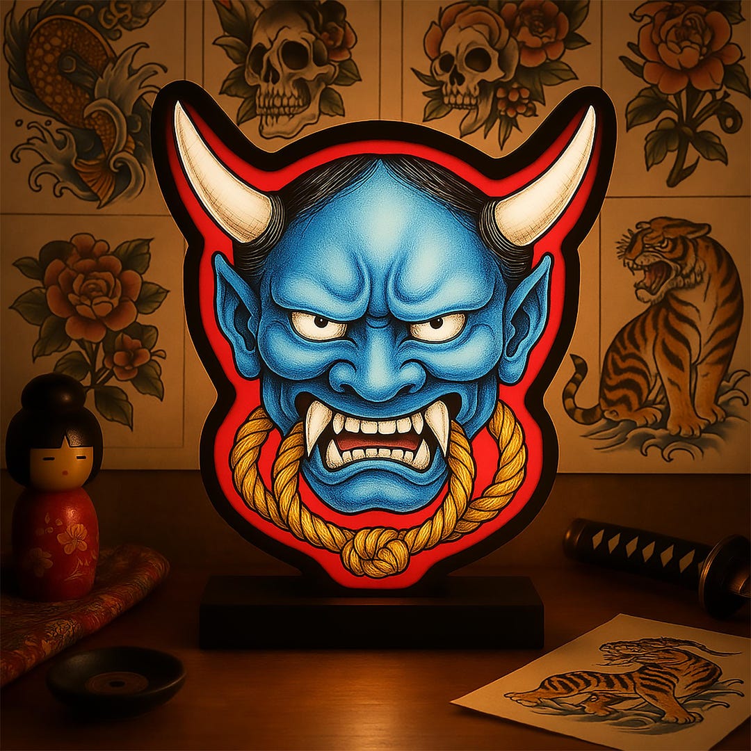 Hannya Mask LED Light – Tattoo Style Oni Lamp - Etsy