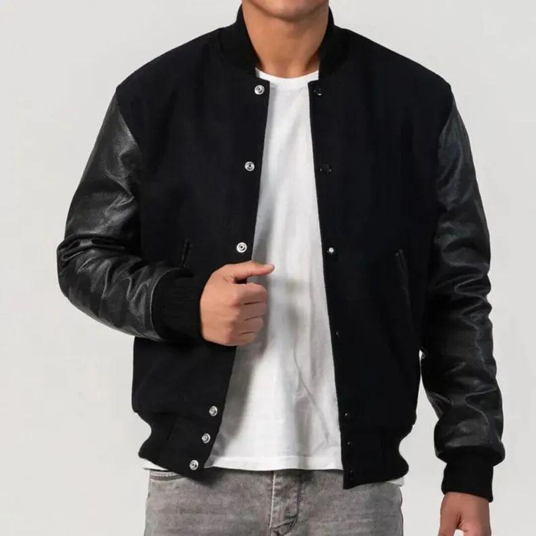 Men's Black Wool Varsity Jacket | Faux Leather Sleeve Bomber - Etsy
