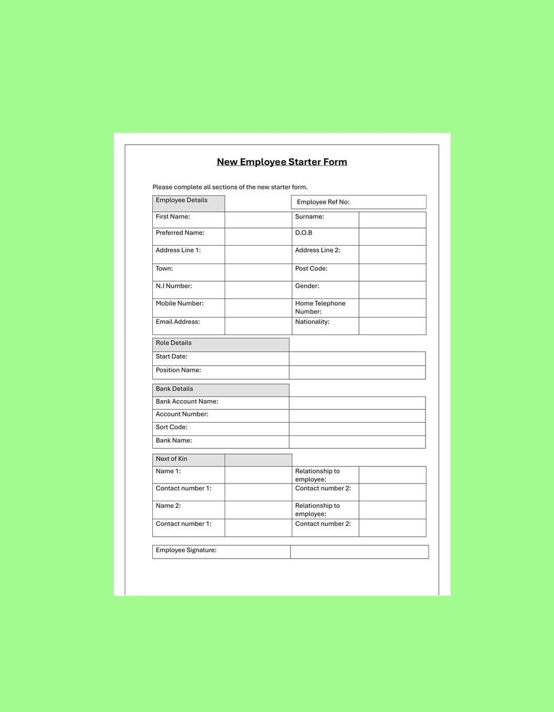 New Employee Starter Form - PDF & Word Office Payroll Payslip Payslips New Hire - Etsy Canada