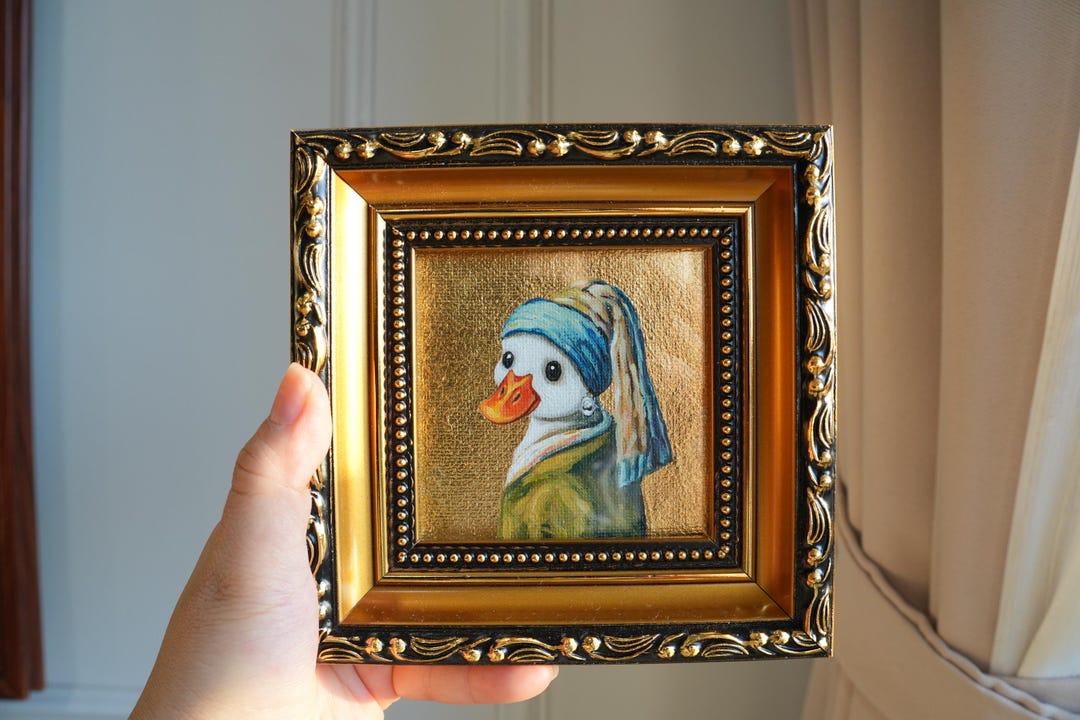Royal Goose Mini Oil Painting – 6x6 Inch Gold Leaf Crowned Goose in ...