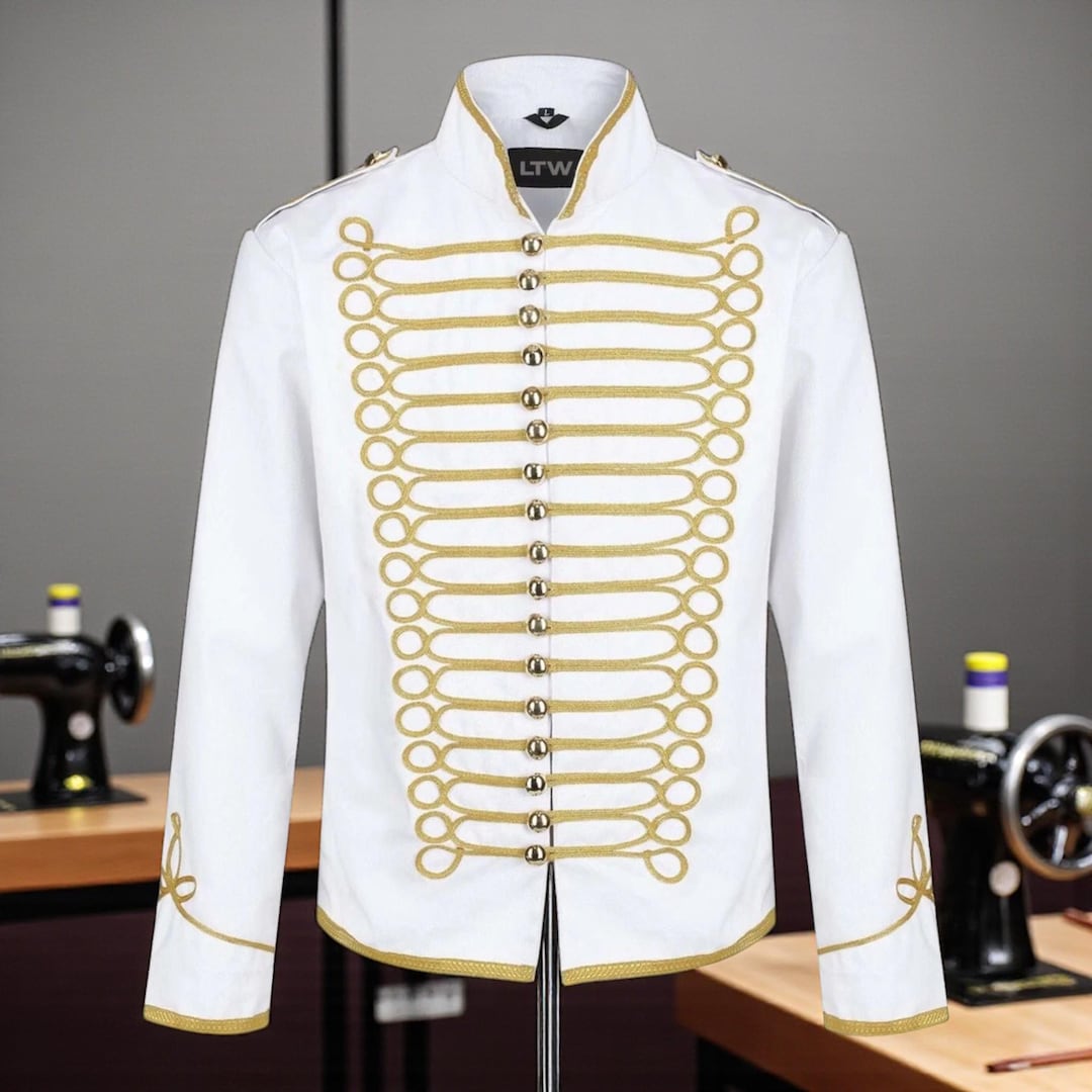 Men's White Military Jacket: Gold Braided Parade Blazer, Steampunk ...