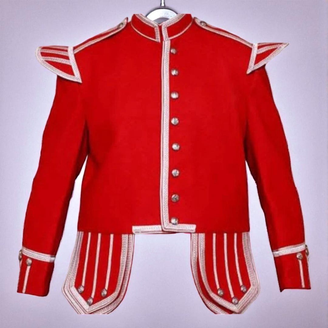 Men's Red Wool Piper Doublet Kilt Jacket Marching Band Drummer Tunic ...