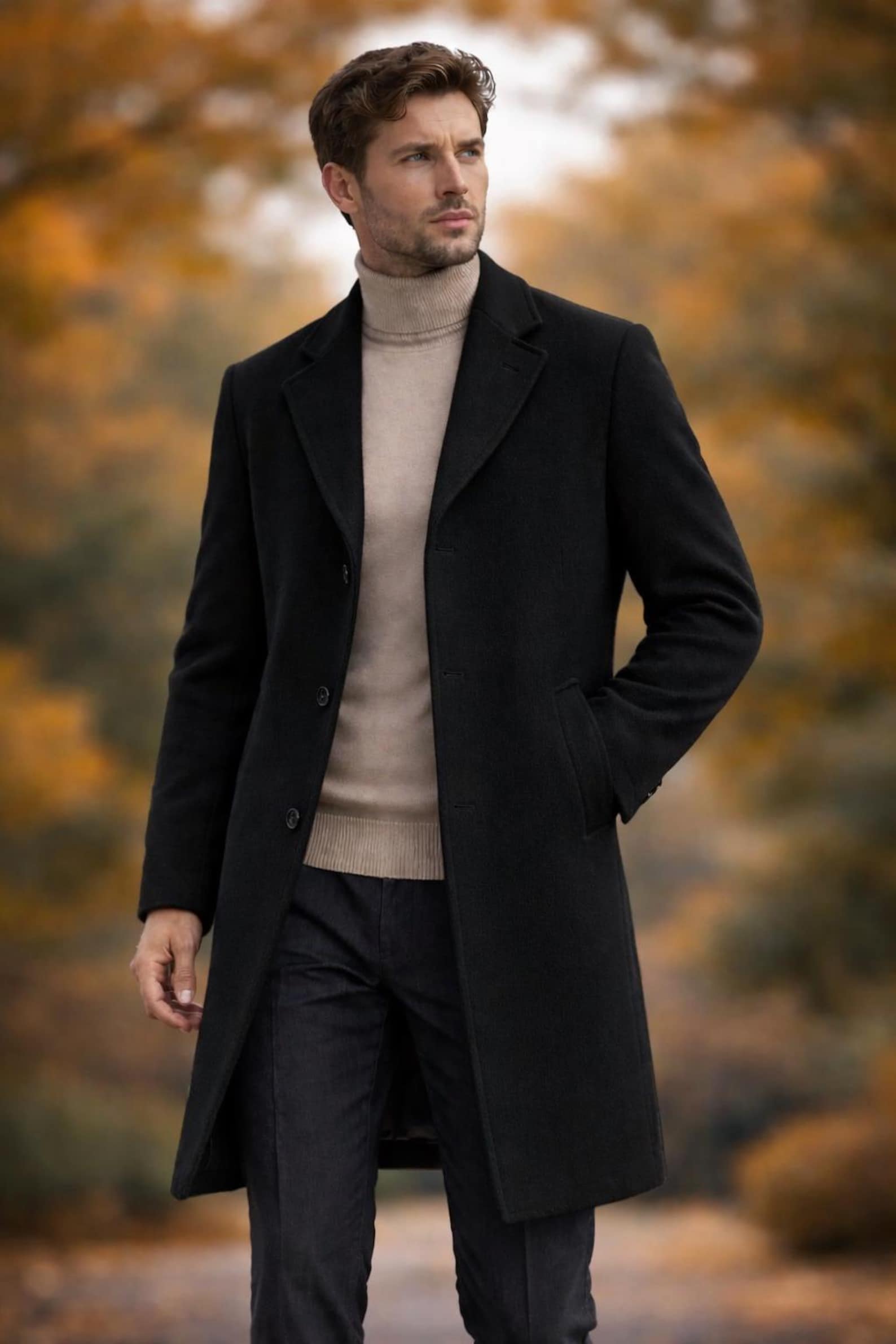 Mens Camel Wool Overcoat Classic Winter Long Coat Minimalist Formal ...