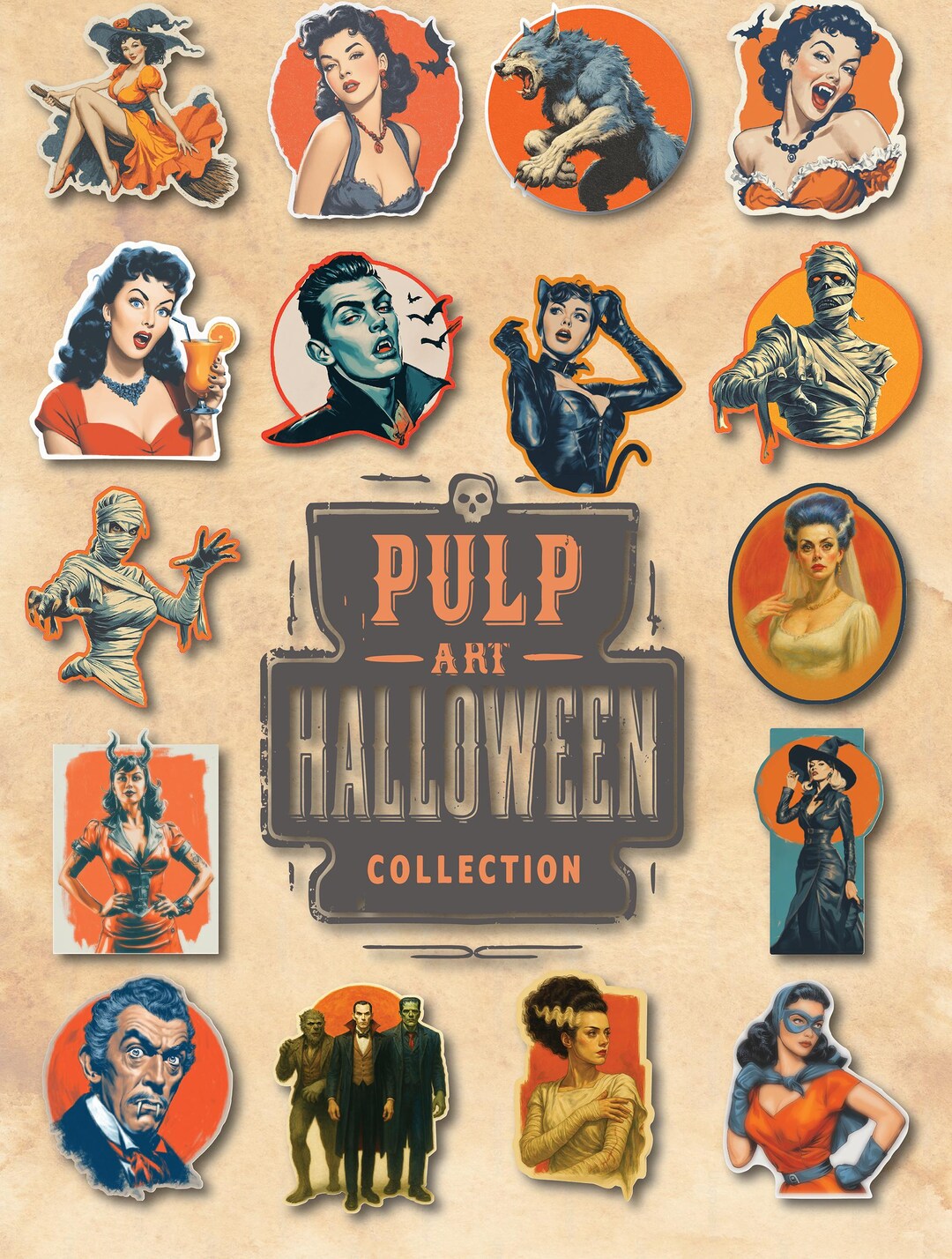Vintage Halloween Sticker Pack: Pulp Art, Retro Halloween Stickers ...