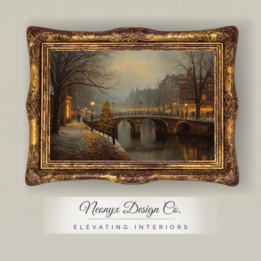 Gloomy Christmas in Amsterdam Print, Snow Street Holiday Lights, Cozy ...