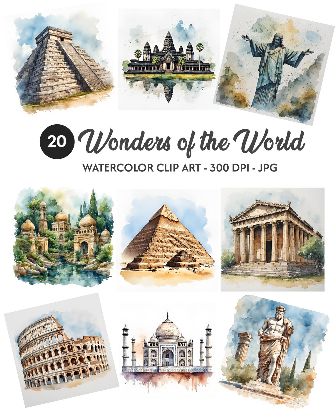 Wonders of the World Clip Art Set, Watercolor Landmarks, 20 Historic ...