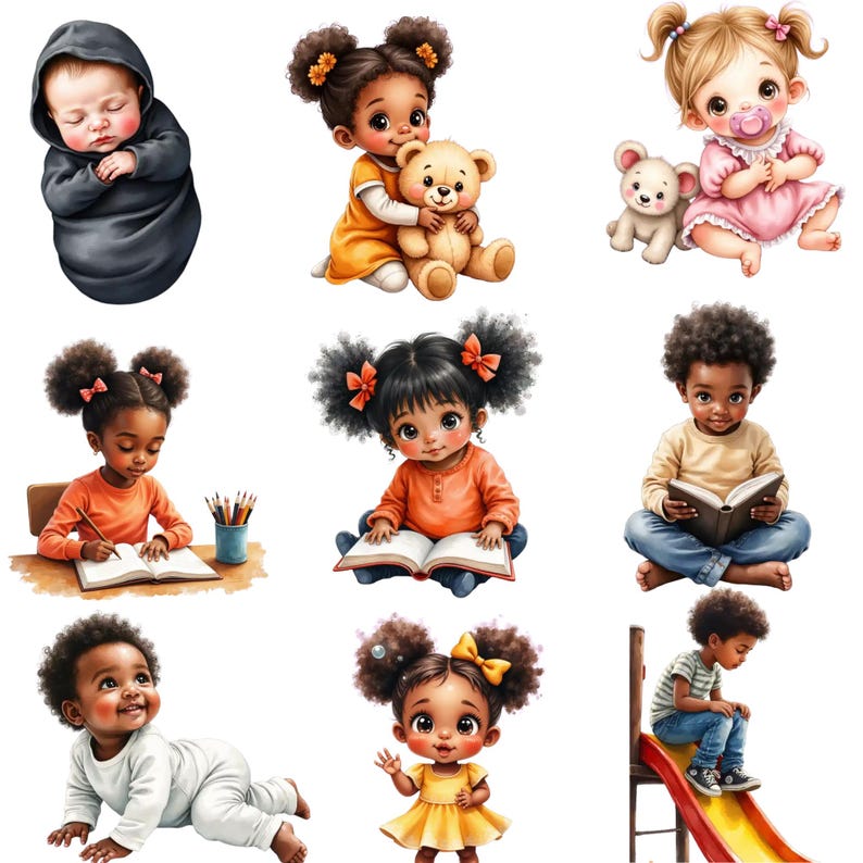 Watercolor African American Kids Clipart: Black Children Illustrations ...