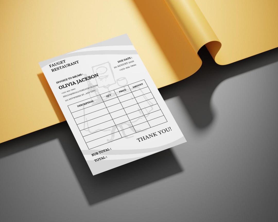 White Black Restaurant Invoice Template – Printable Cafe & Bar Billing ...