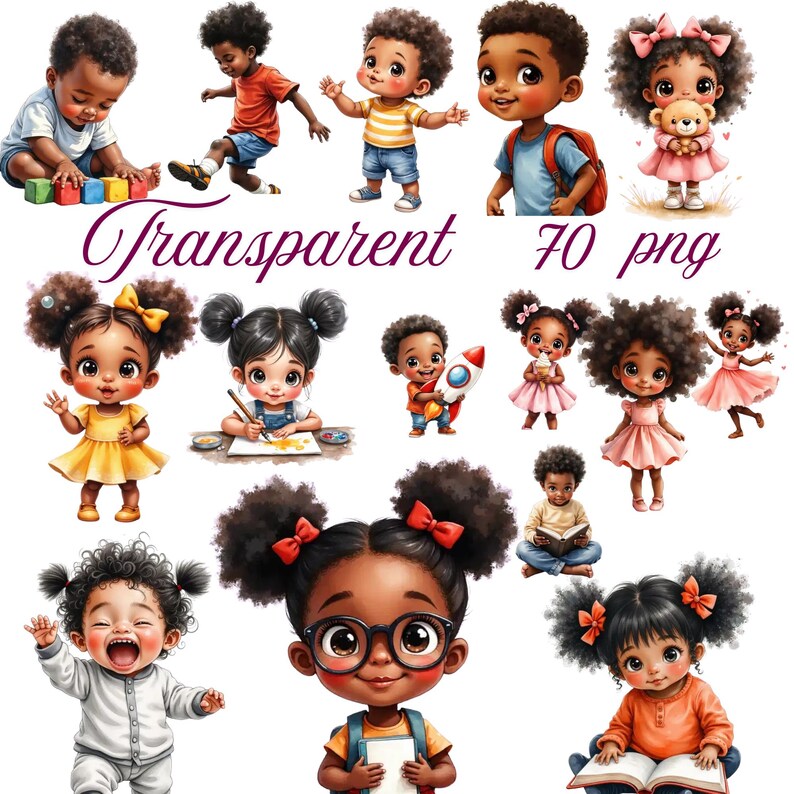 Watercolor African American Kids Clipart: Black Children Illustrations ...