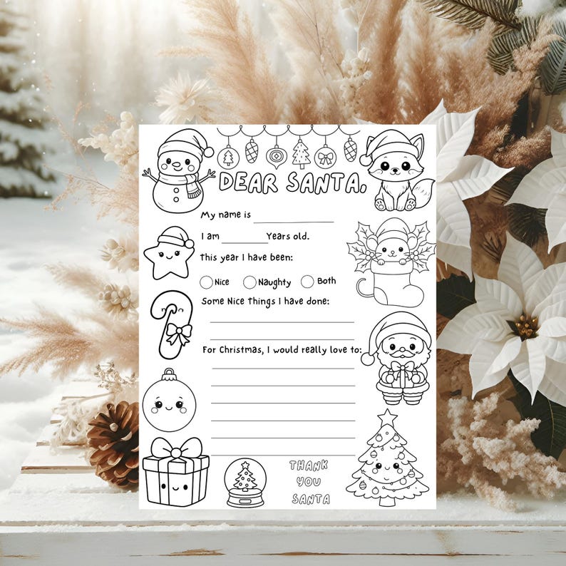 Printable Christmas Wishlist Coloring Page: Kawaii Dear Letter to Santa ...