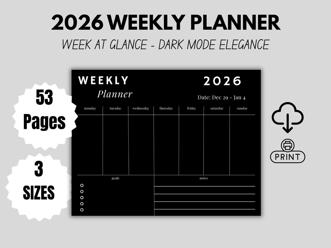 Dark Mode Planner, 2026 Weekly Planner Landscape, Undated Dark Mode ...