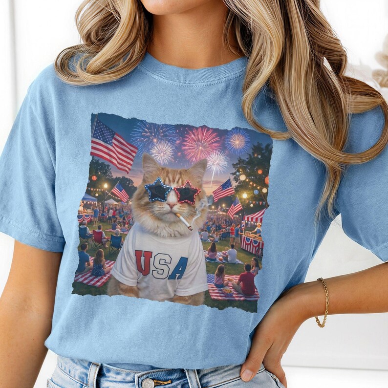 Patriotic Smoking Cat Shirt, Comfort Colors Funny 4th of July Tee ...