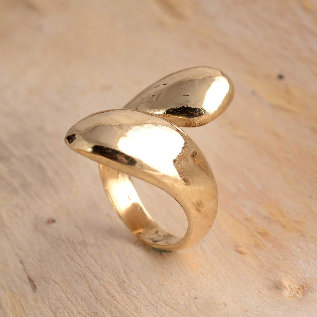 Gold Bypass Ring, Organic Teardrop Statement Ring, Adjustable Brass ...