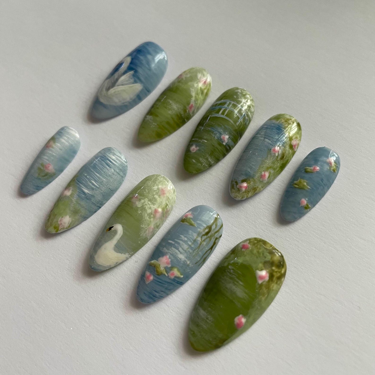 Monet Nails, Handmade Nails, Swan Nails, Reusable Artist Faux Nails ...