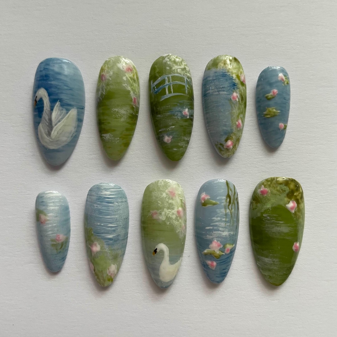 Monet Nails, Handmade Nails, Swan Nails, Reusable Artist Faux Nails ...