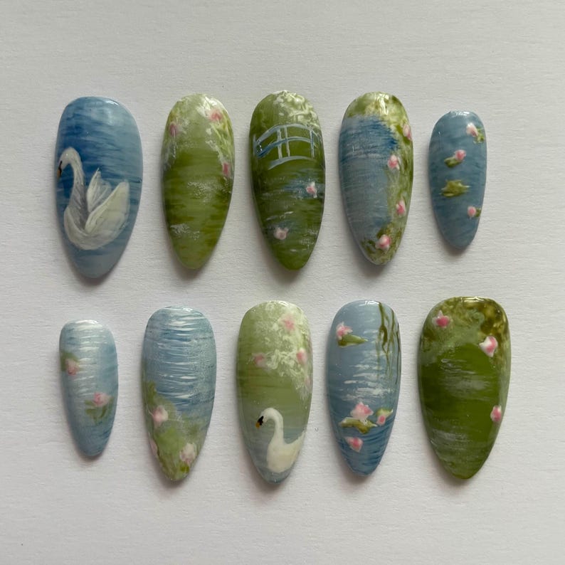 Monet Nails, Handmade Nails, Swan Nails, Reusable Artist Faux Nails ...