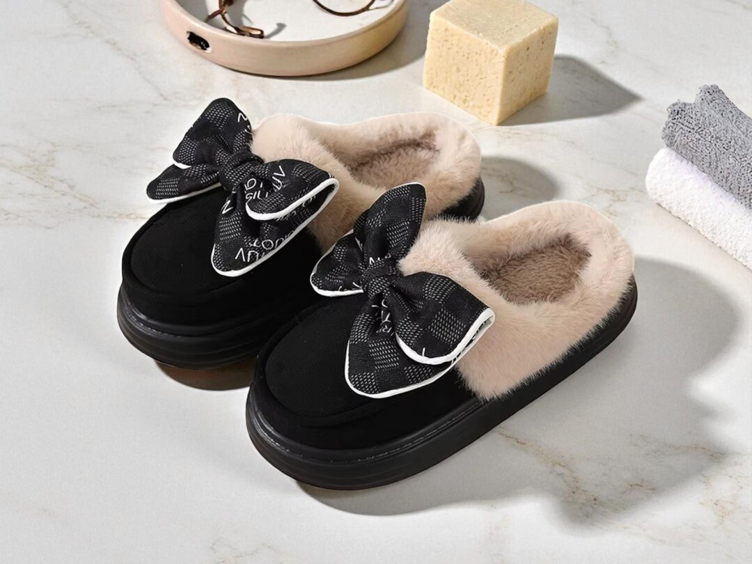Women’s Velvet Bow Slipper – Closed Toe Plush Indoor Outdoor Comfy ...
