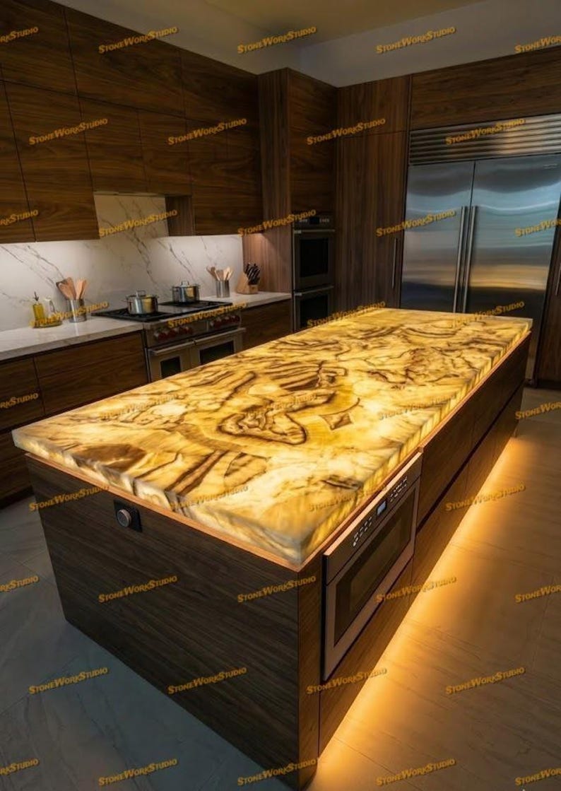 Luxury Honey Onyx Countertop – Backlit Translucent Stone Kitchen Island ...