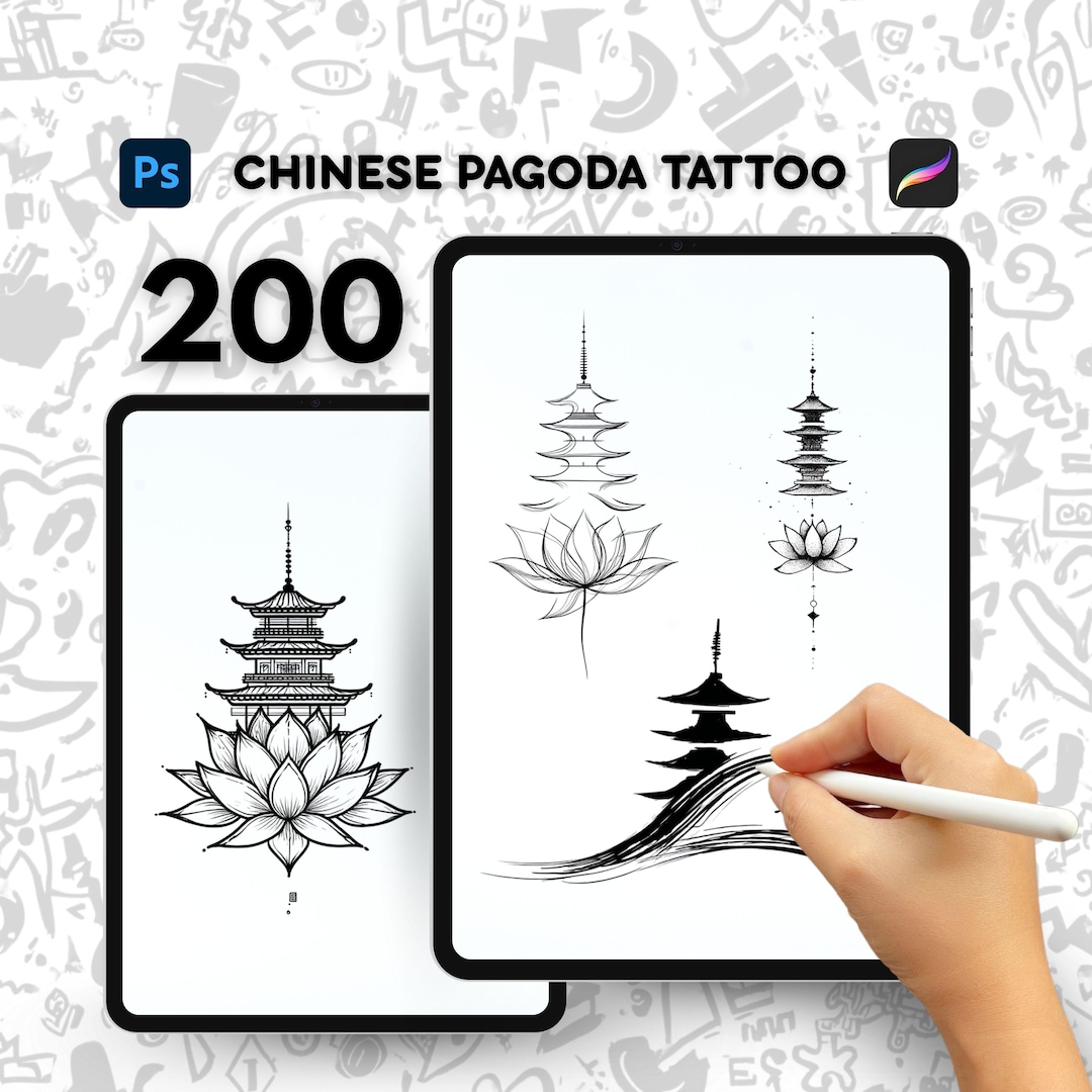 200 Chinese Pagoda Tattoo Stamps, Procreate Pagoda Tattoo Brushes ...