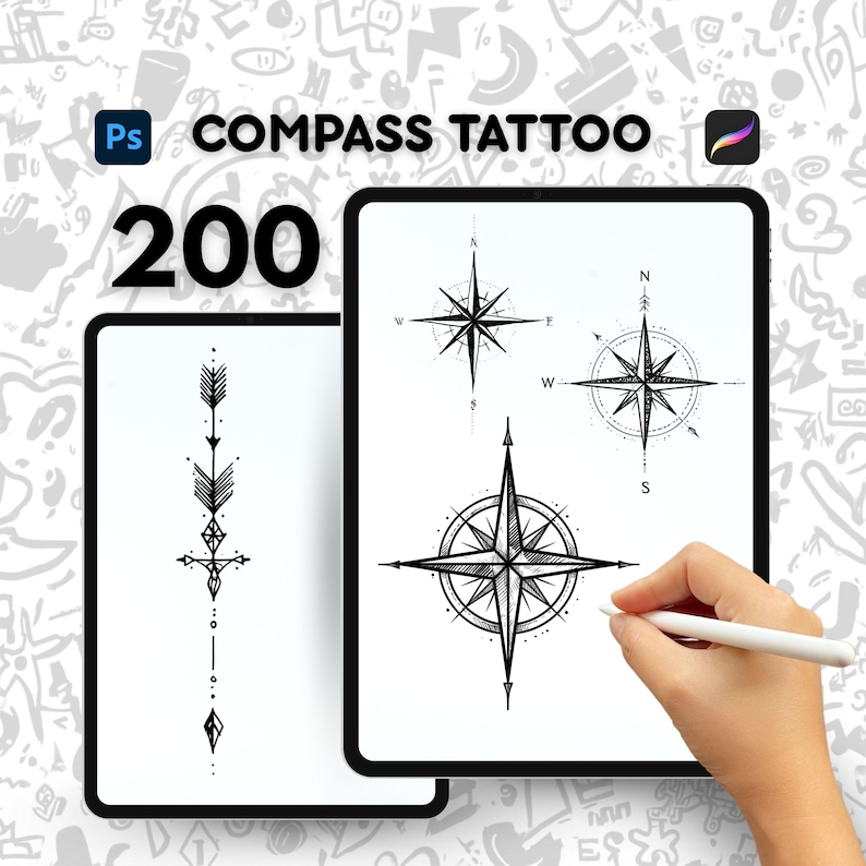 200 Minimalist Compass Tattoo Stamps, Procreate Compass Tattoo Brushes ...