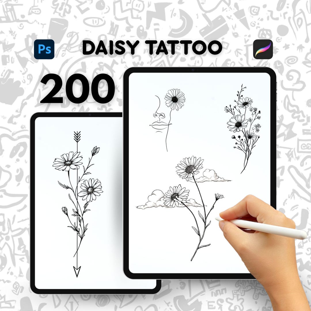 200 Daisy Tattoo Stamps, Procreate Daisy Tattoo Brushes, Daisy Tattoo ...