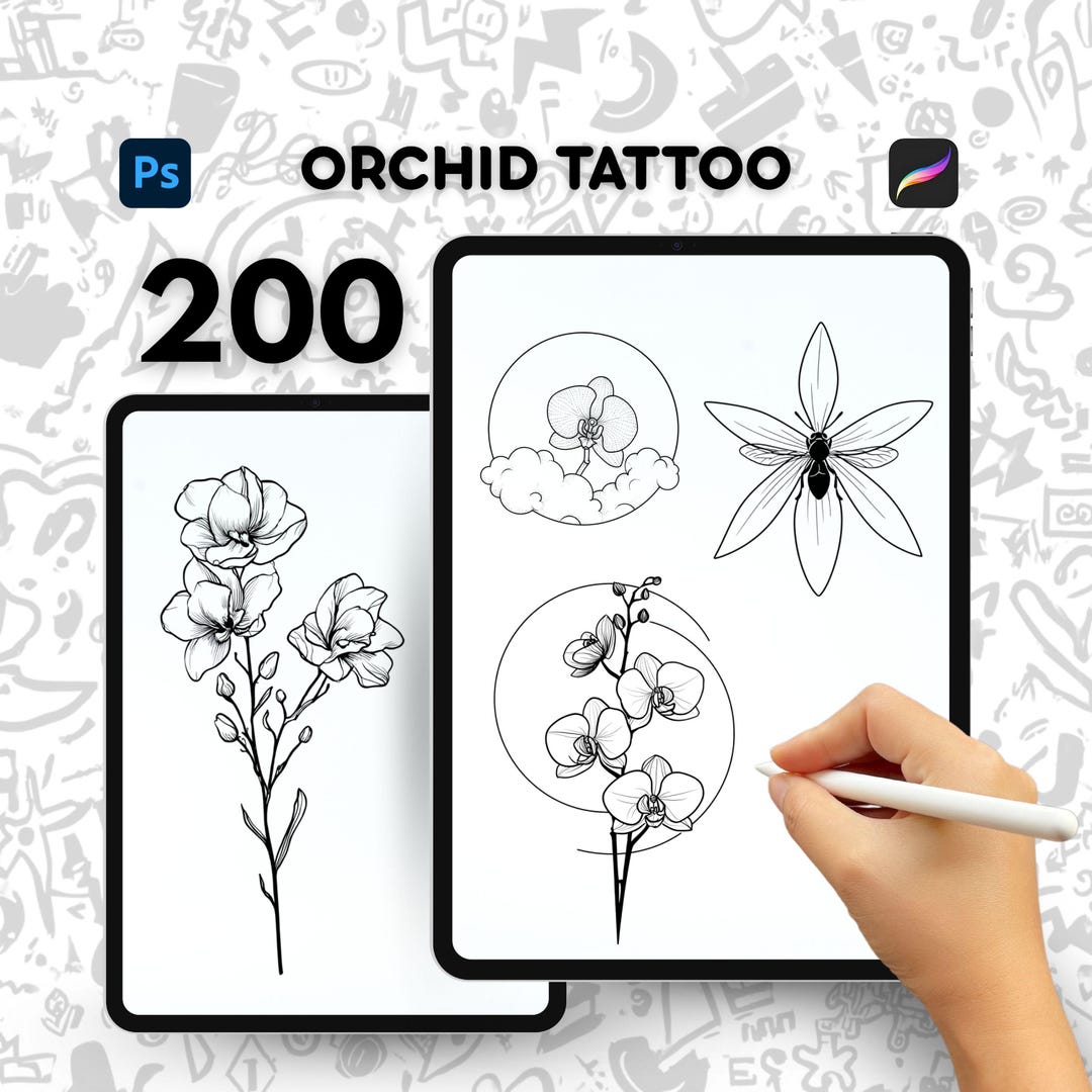 200 Orchid Tattoo Stamps: Procreate & Photoshop Brushes (digital ...