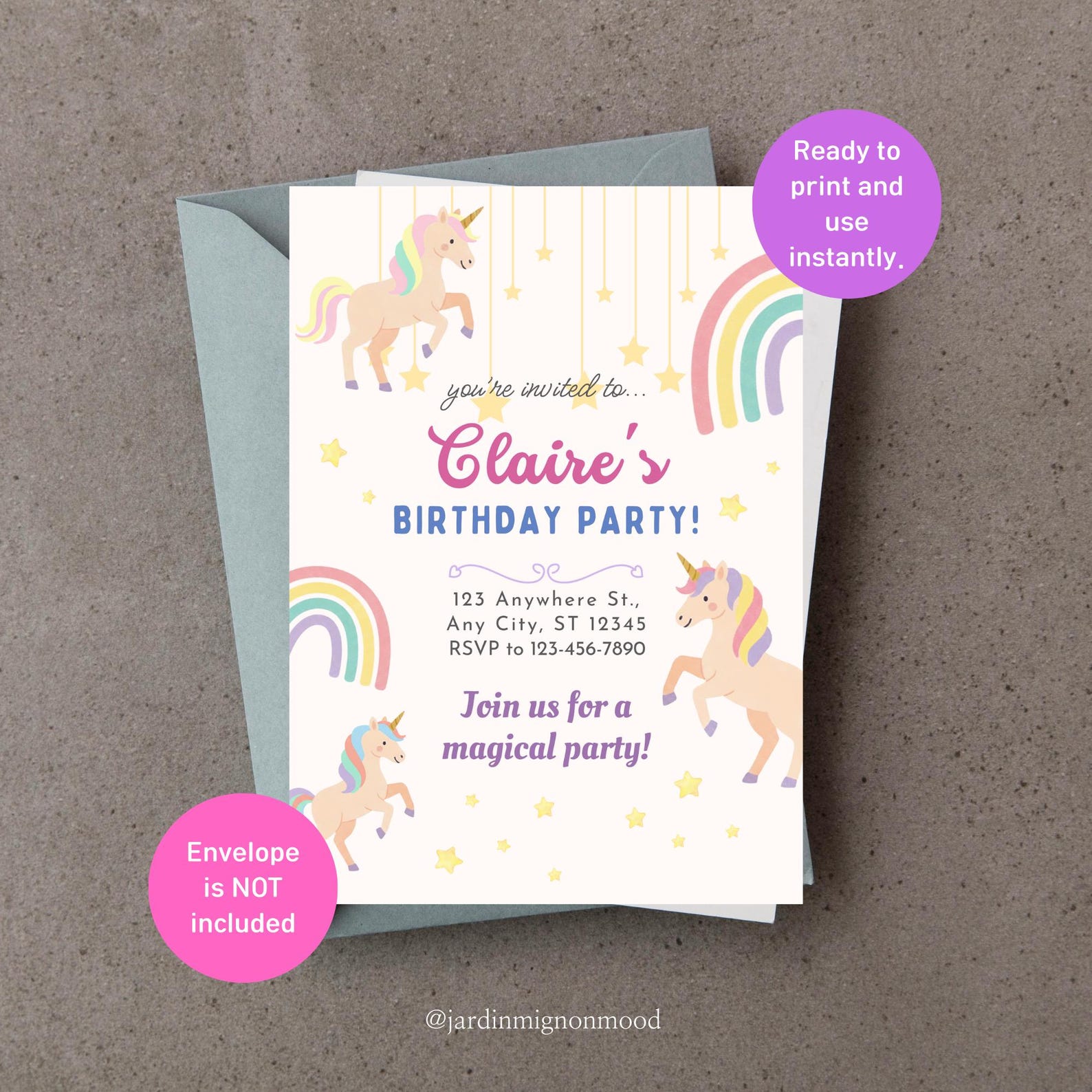 Editable Unicorn & Rainbow Birthday Invitation, Editable Canva Template ...