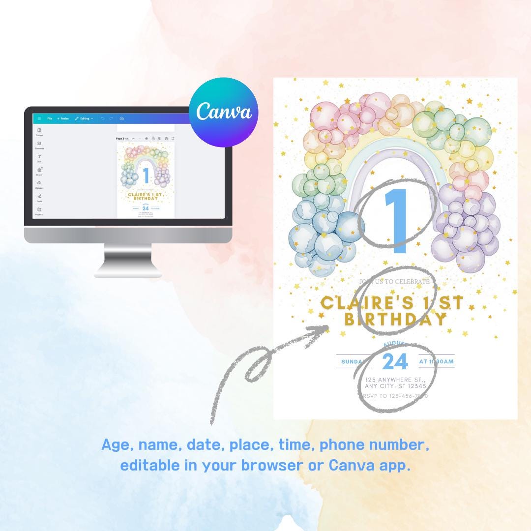 Editable Balloon Birthday Invitation Card : Canva Template (printable ...
