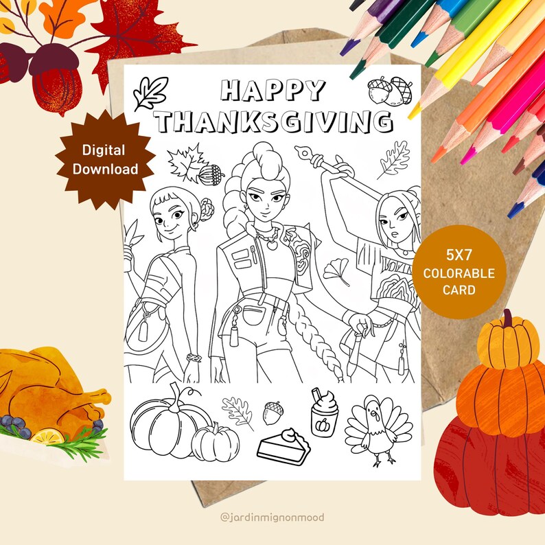 Printable Thanksgiving Coloring Card for Kids: Kpop Demon Hunters, Kpop ...