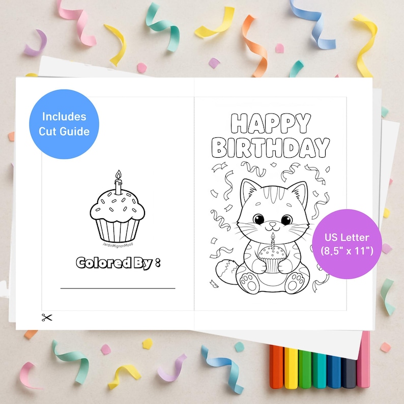 Printable Kitty Cat Birthday Card: DIY Kids’ Coloring Page (instant ...