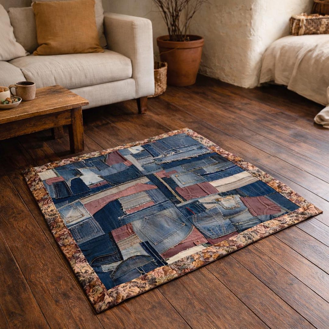 Upcycled Denim Patchwork Rug | Boro-inspired Washed Jean Floor Mat - Etsy
