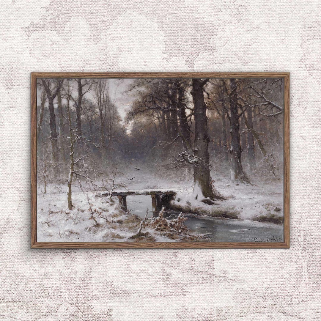 Vintage Winter Bridge Landscape, Snowy Forest in Muted Tones, Evening ...
