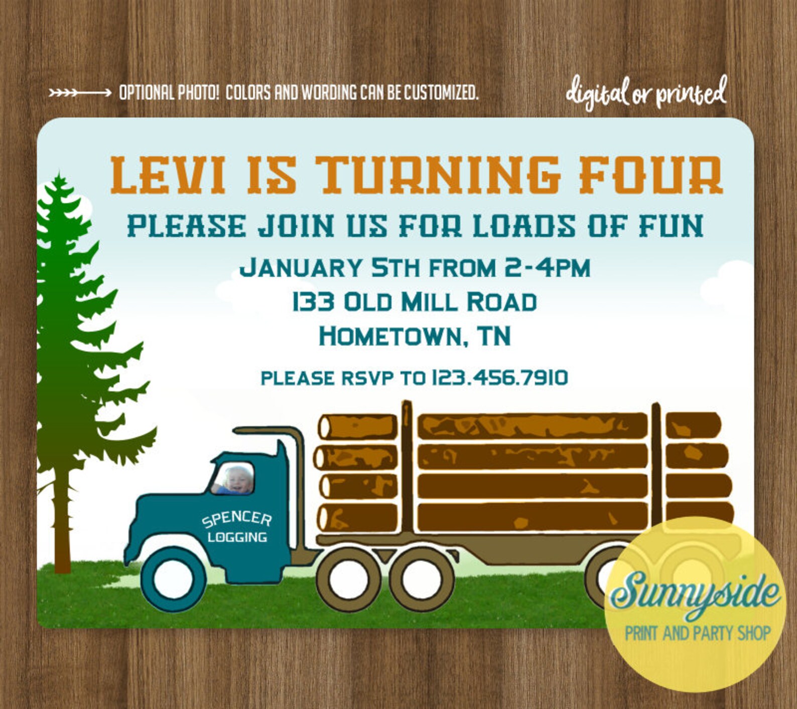 Log Truck Birthday Photo Invitation, Boys Printable Invite - Lumberjack ...