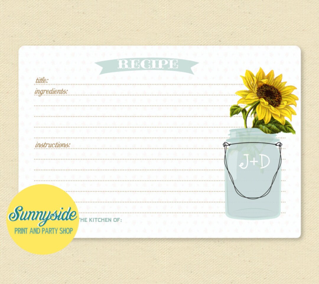 SUNFLOWER Mason Jar Recipe Card - Personalized Recipe Card Design ...