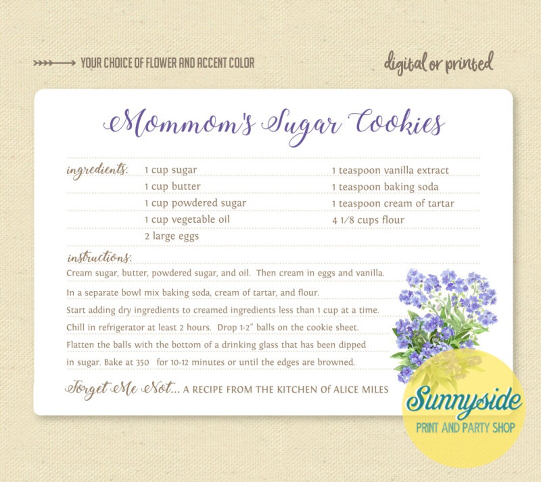 Custom Memorial Recipe Card: Forget-me-not Design (digital PDF) - Etsy