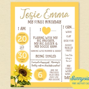 1st Birthday Poster Sunflower Printable 16x20 First Birthday Stats ...