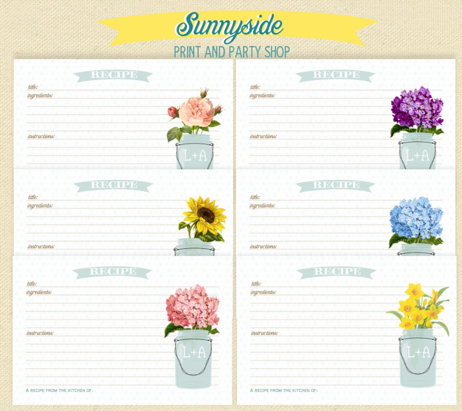 Printable Recipe Card Set, Assorted Flowers, Floral Mason Jar ...
