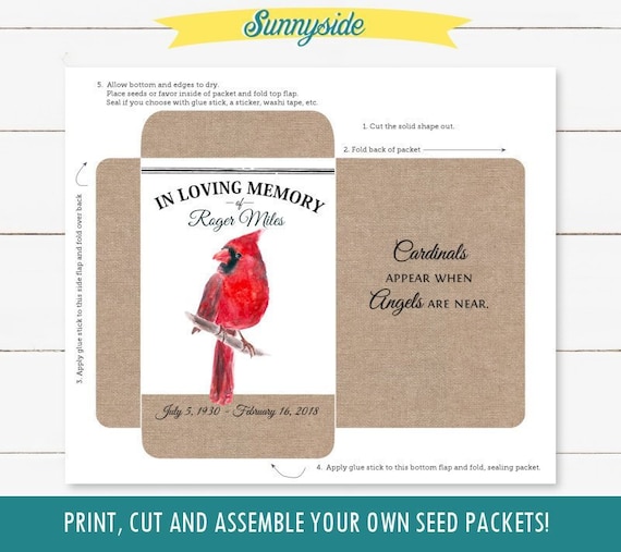 DIY printable memorial seed packet with Cardinal bird, in memory ...