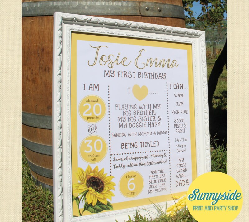 1st Birthday Poster Sunflower Printable 16x20 First Birthday Stats ...