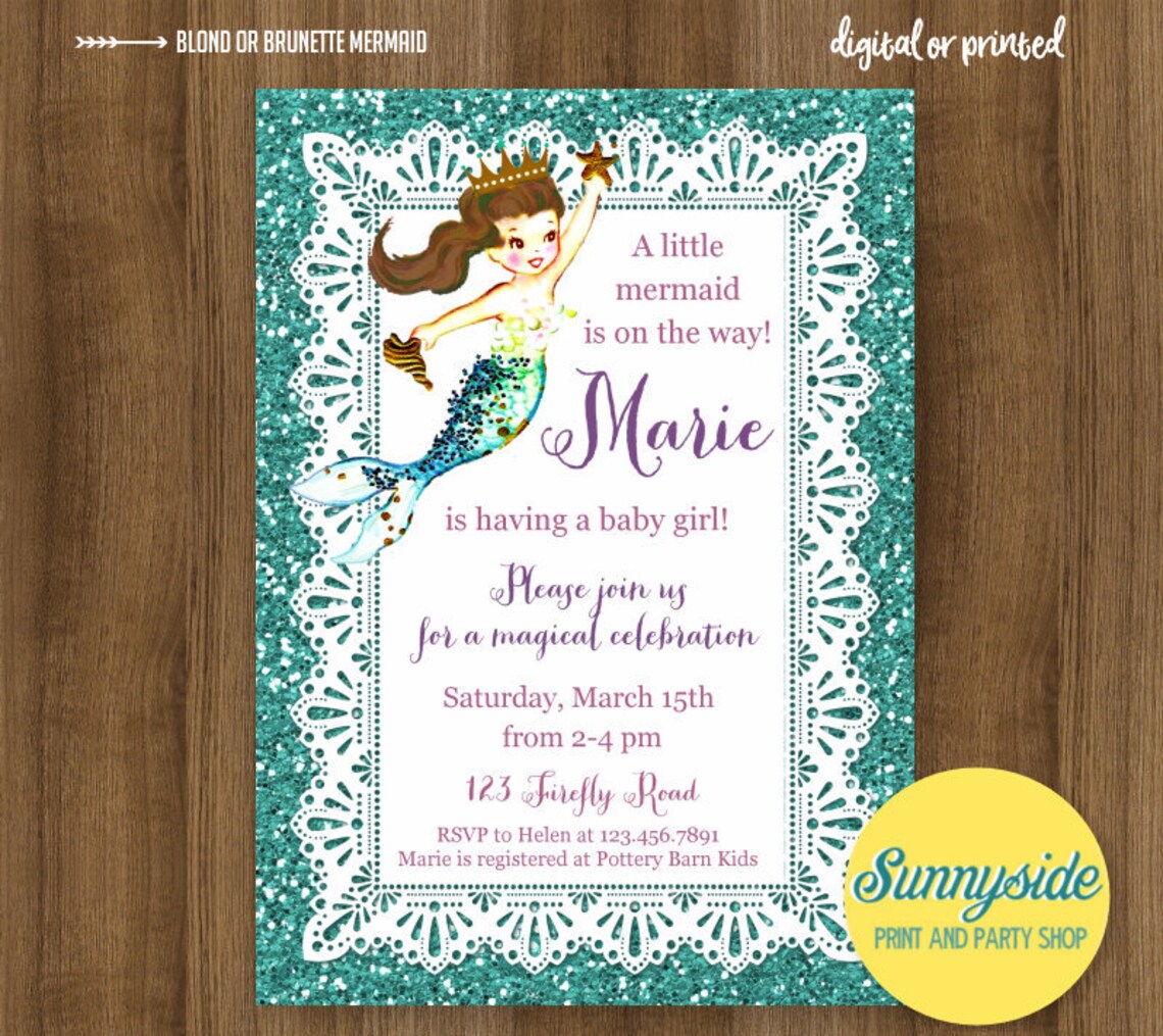Mermaid Baby Shower Invitation // Printable or Printed Invite With Faux ...