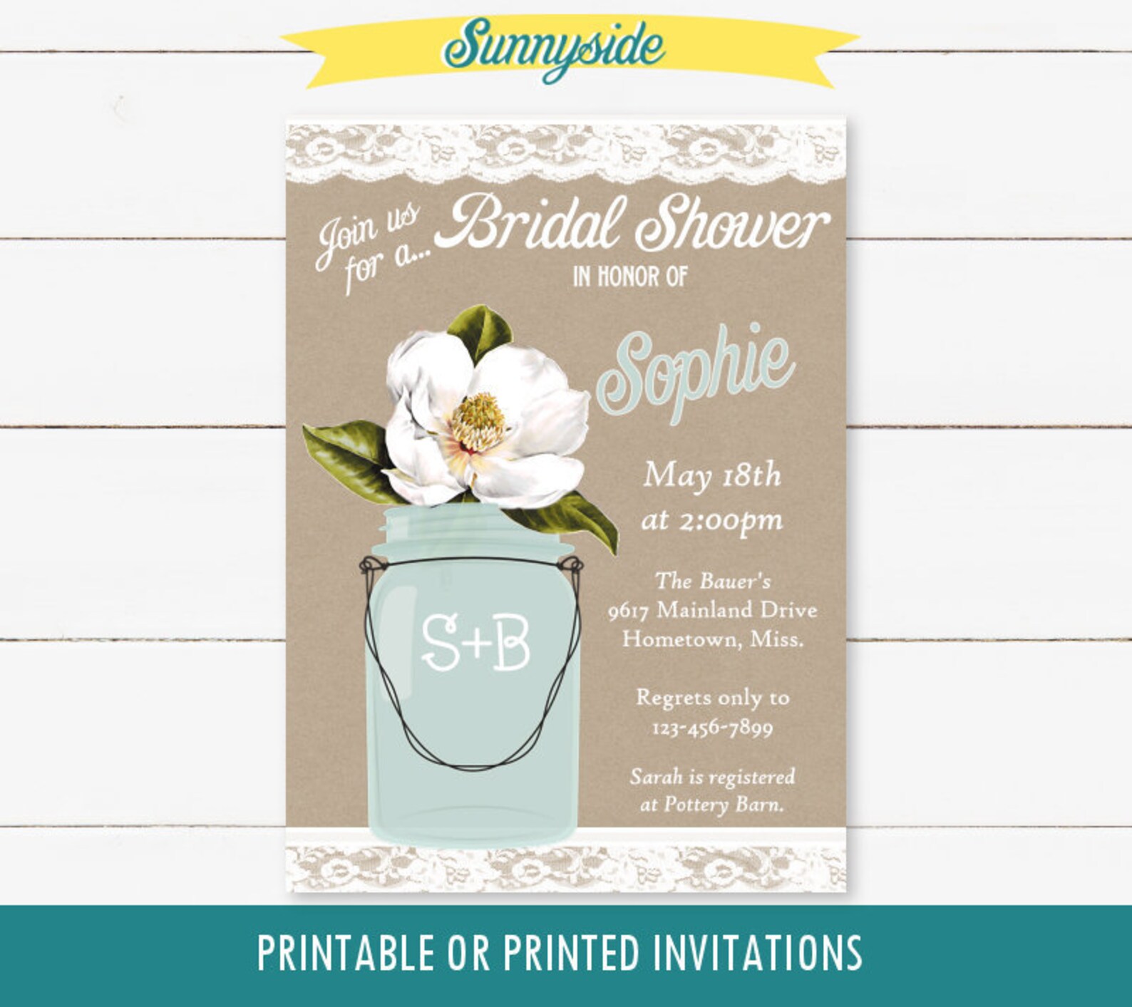 Printable Mason Jar Invitation With Magnolia Flower Kraft and - Etsy