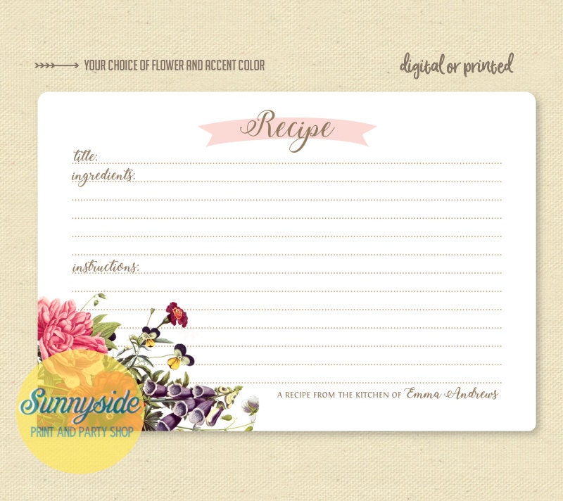 Botanical floral recipe card sunflower // printable digital | Etsy