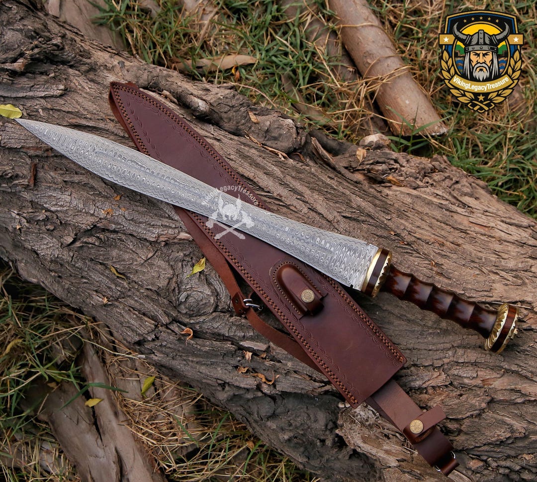 Handmade Damascus Steel Short Sword: Viking Pirate Cosplay With Leather ...