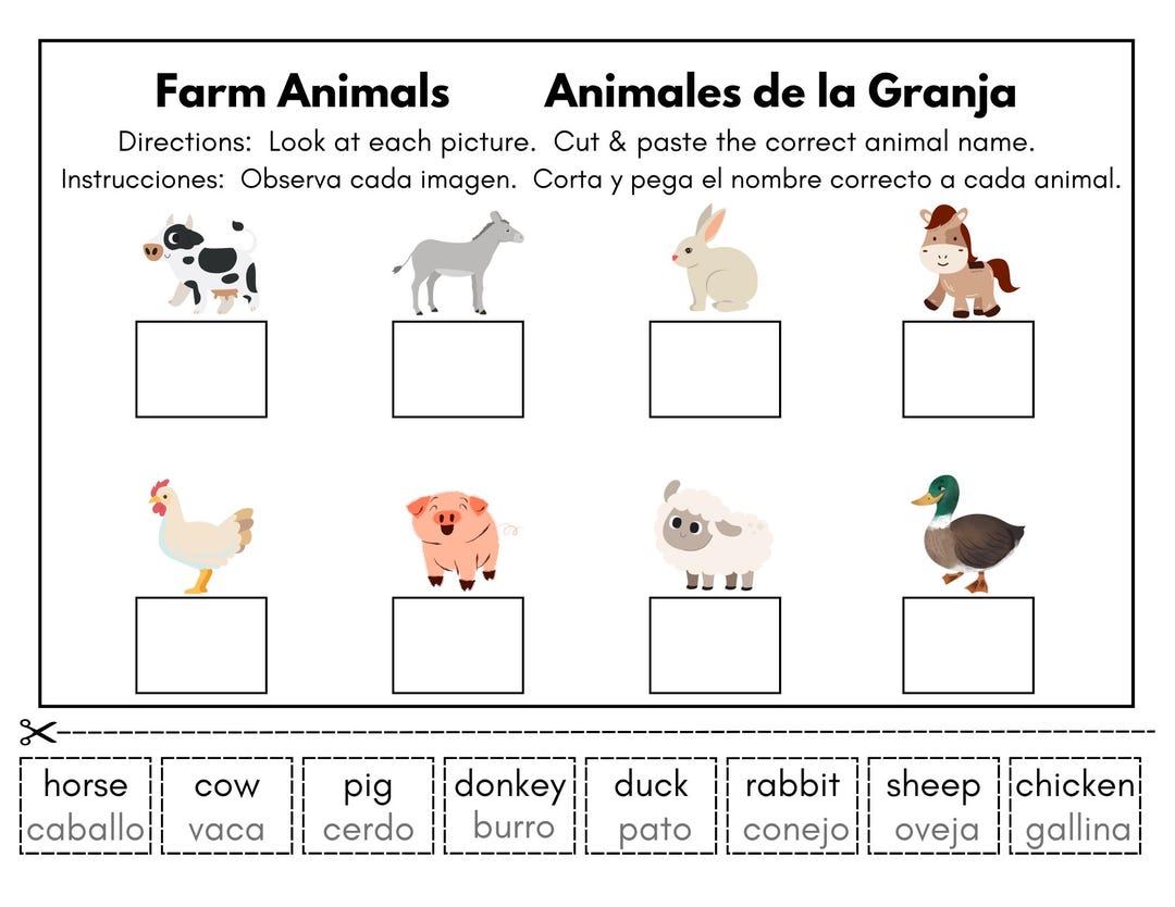 Bilingual Farm Animal Matching Worksheet | Cut and Paste Activity in ...