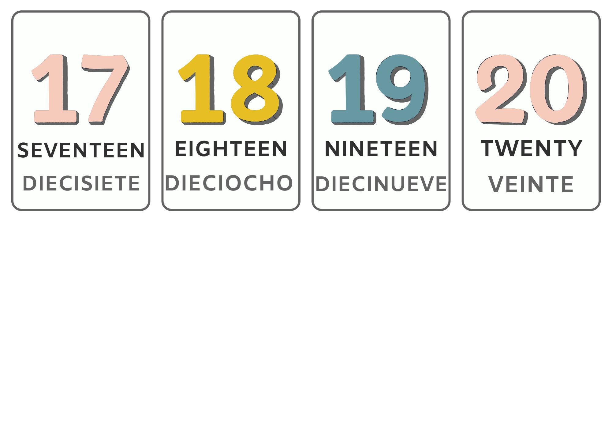 Bilingual Number Flashcards 1–20 | English Spanish Numbers | Printable ...