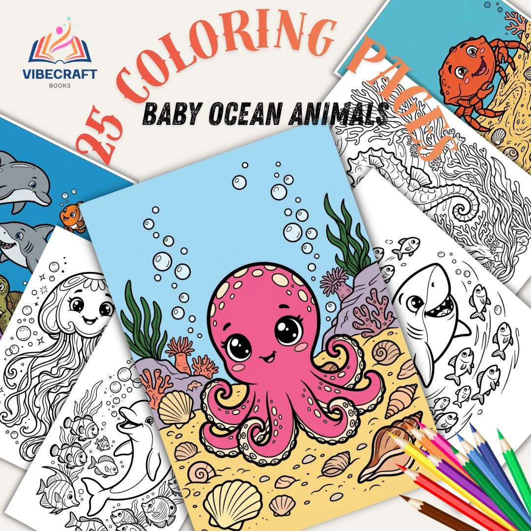 Cute Baby Sea Animals Coloring Book, Ocean Animals Coloring Pages for ...