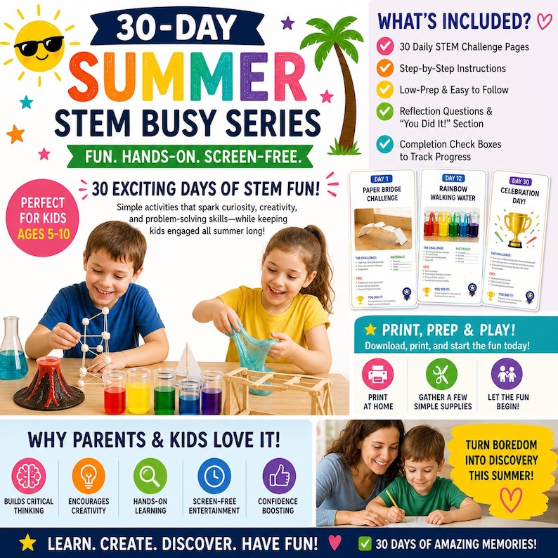 Summer STEM Activity Pack | Screen Free Kids Challenge Cards (printable ...
