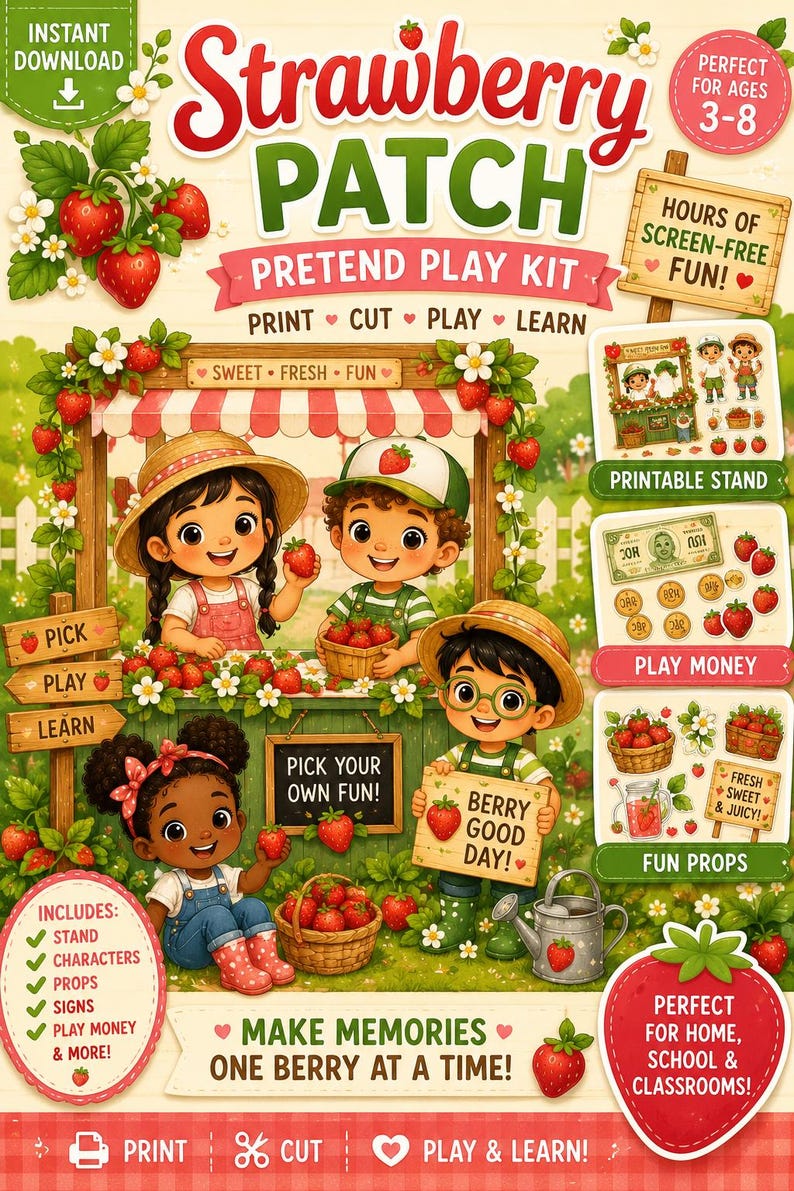 Strawberry Patch Pretend Play Kit | Farm Theme Matching Game (digital ...
